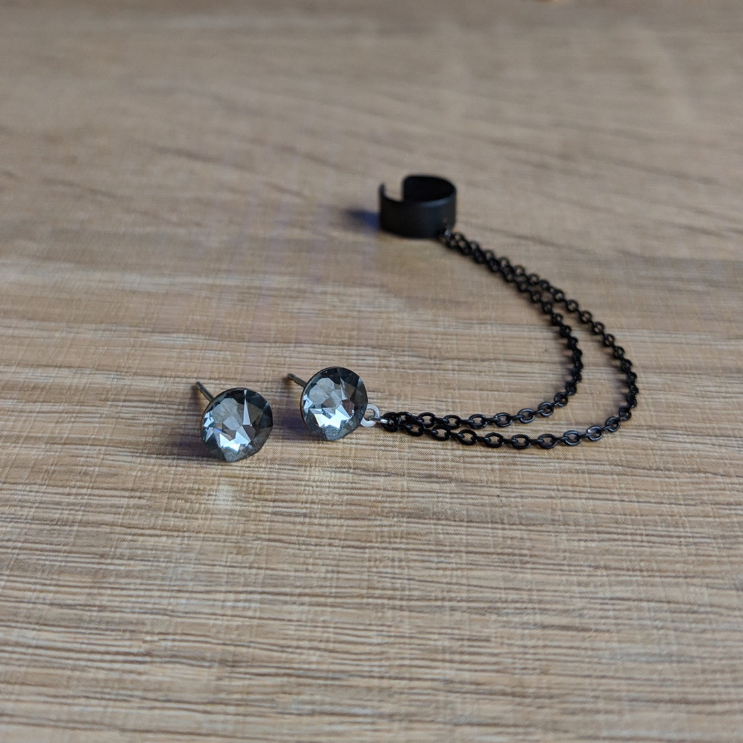 Chain Cuff Earrings, Black Ear Cuff Earrings, Crystal Stud Earrings ...