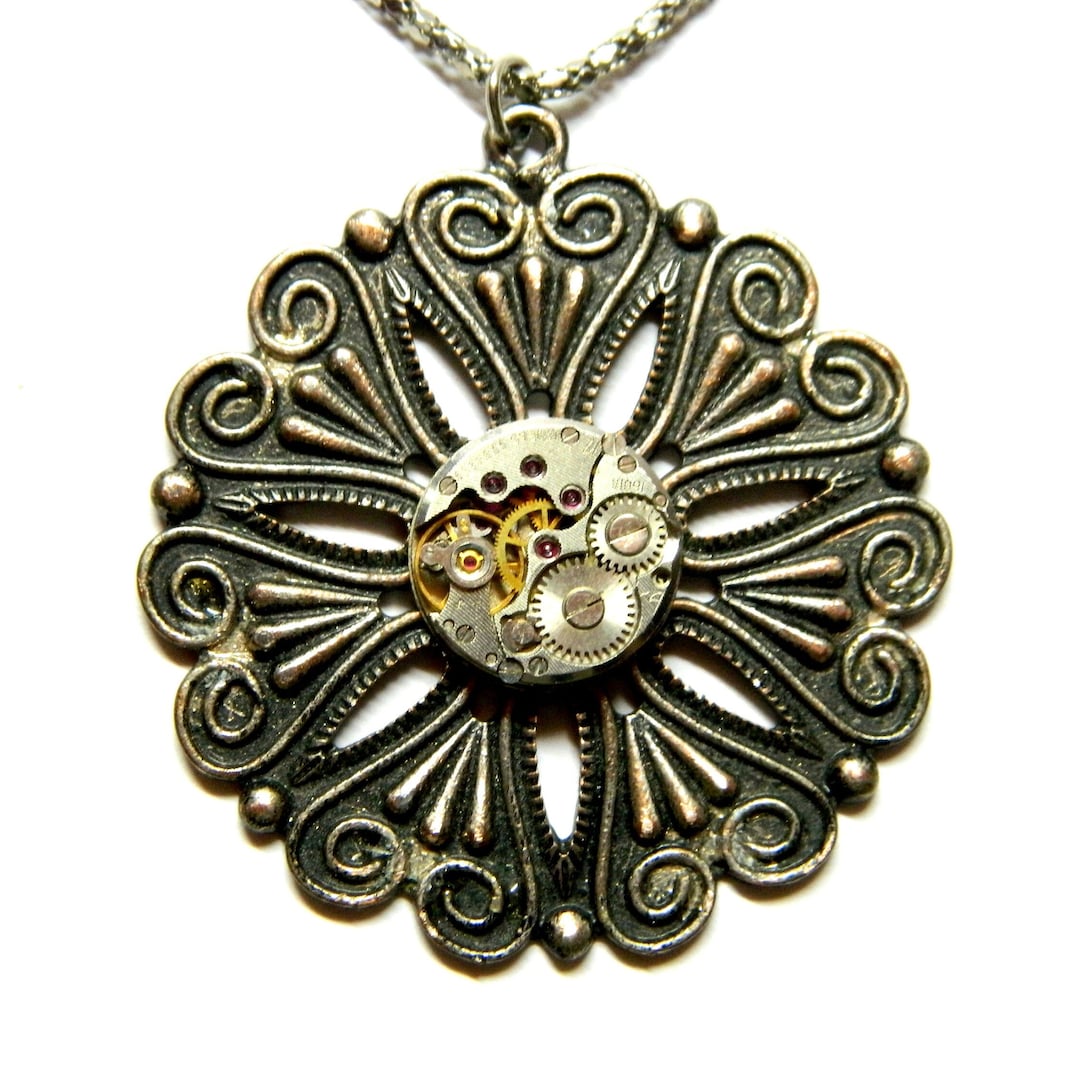 Steampunk Flower Old Silver Jewelry Necklace, Miniature Clockwork ...