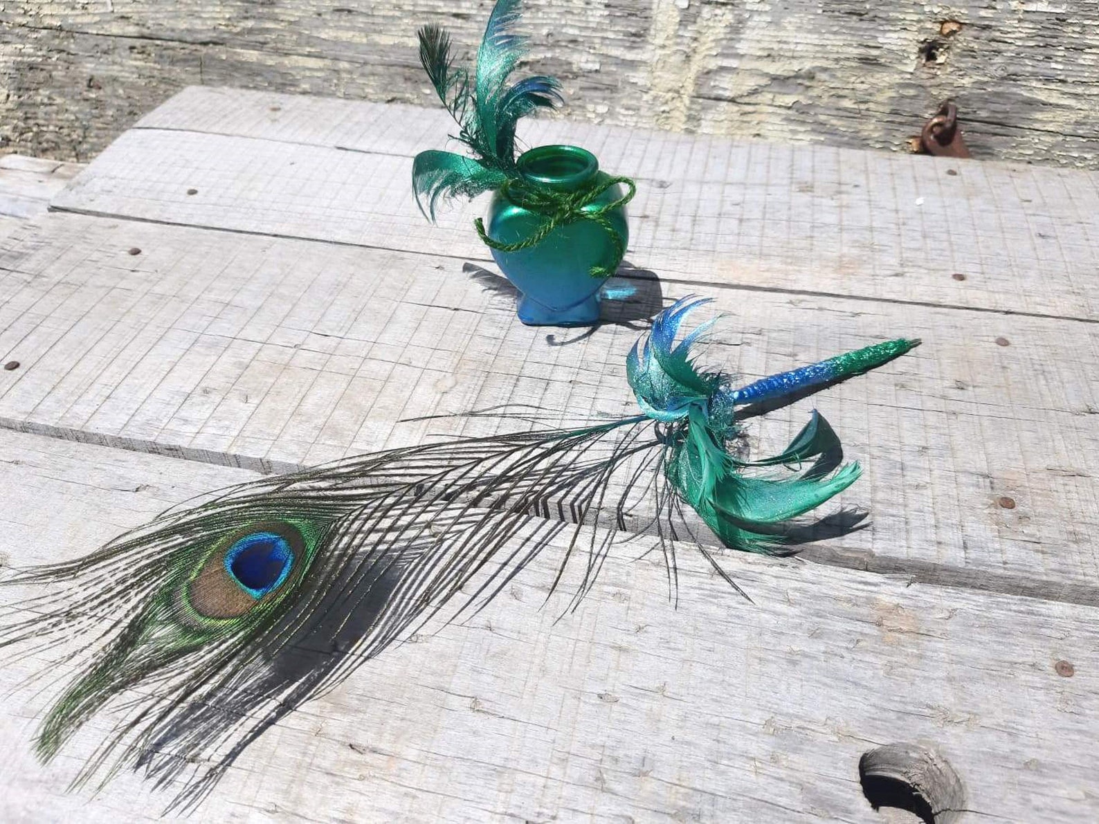 Peacock feather pen & ink pot unique wedding guest gift | Etsy
