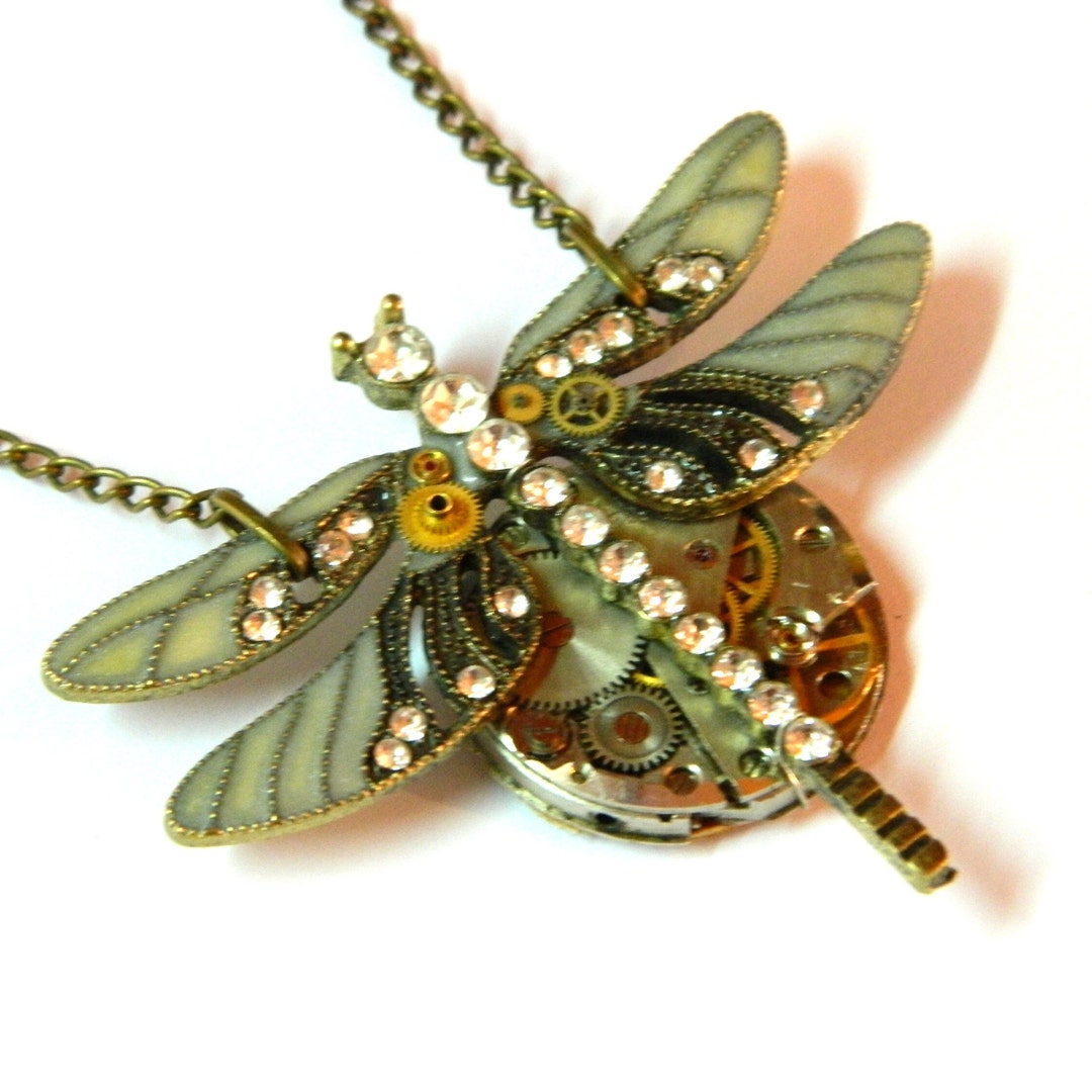 Steampunk Dragonfly Clockwork Necklace Time of Odonata Antique Bronze, Enamel, Little ...