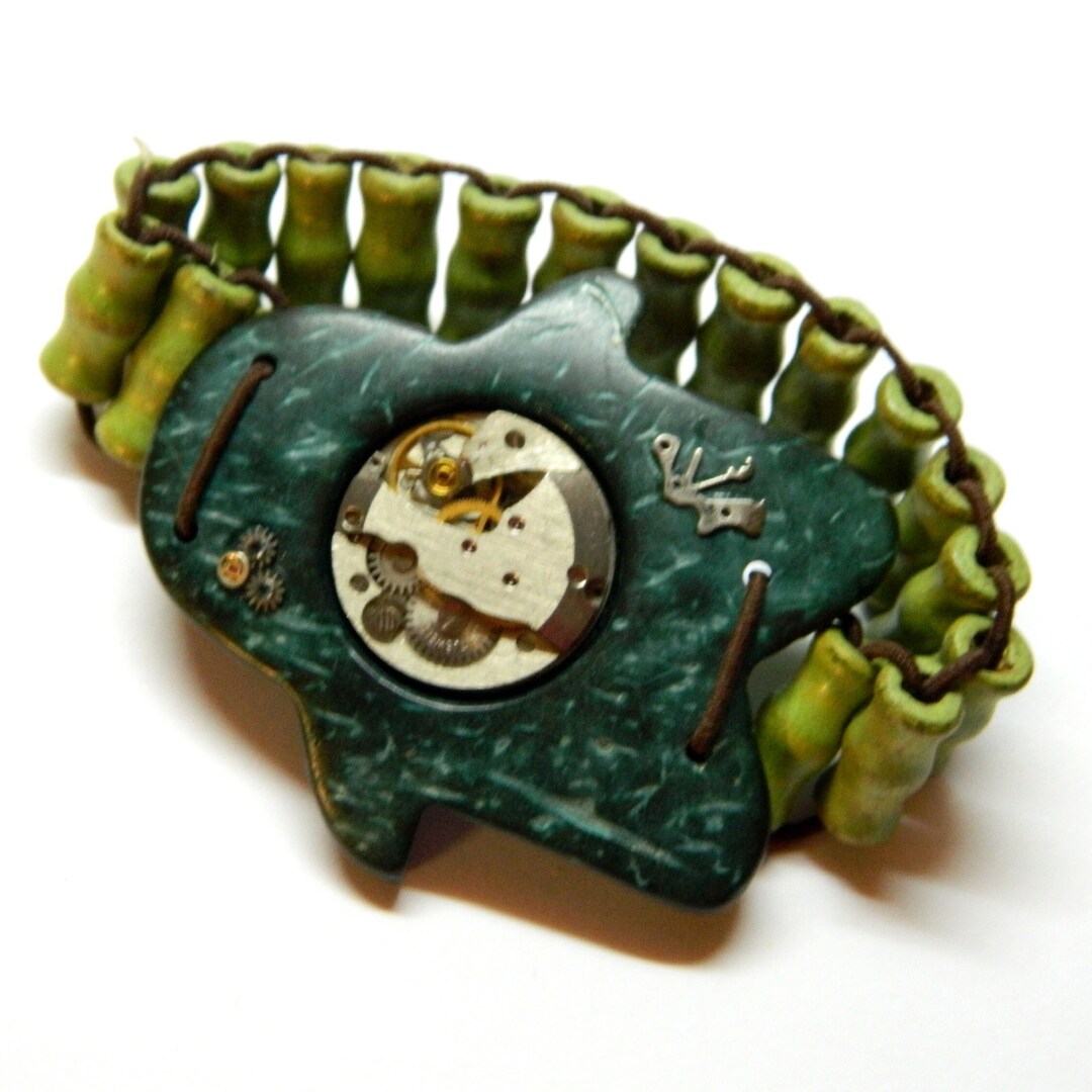 Alien Steampunk Cuff Bracelet UFO Space Rocket Wristlet, Green Wood ...