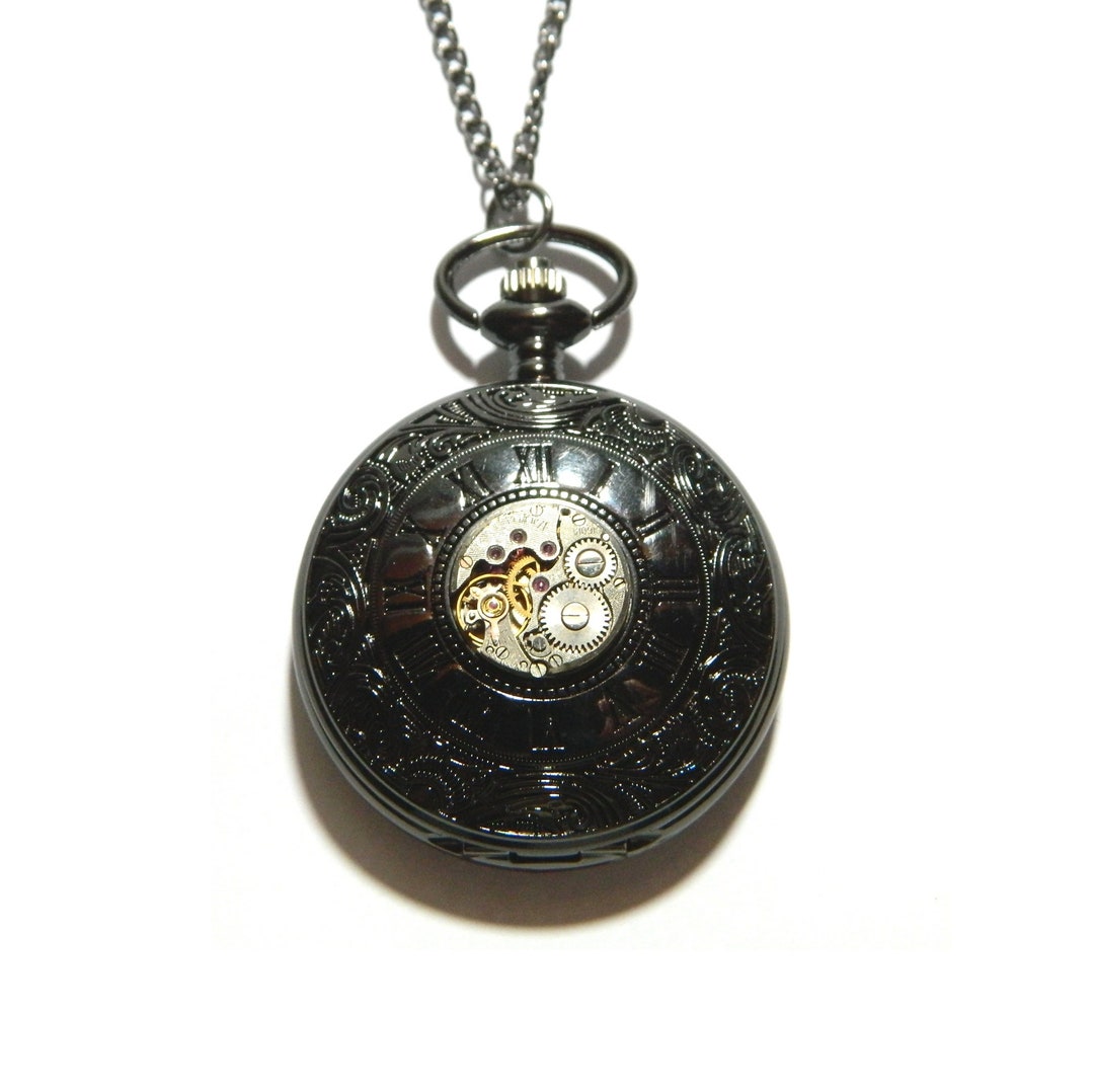 Steampunk Big Pocket Watch Locket Roman Numerals Black or Bronze Neo ...