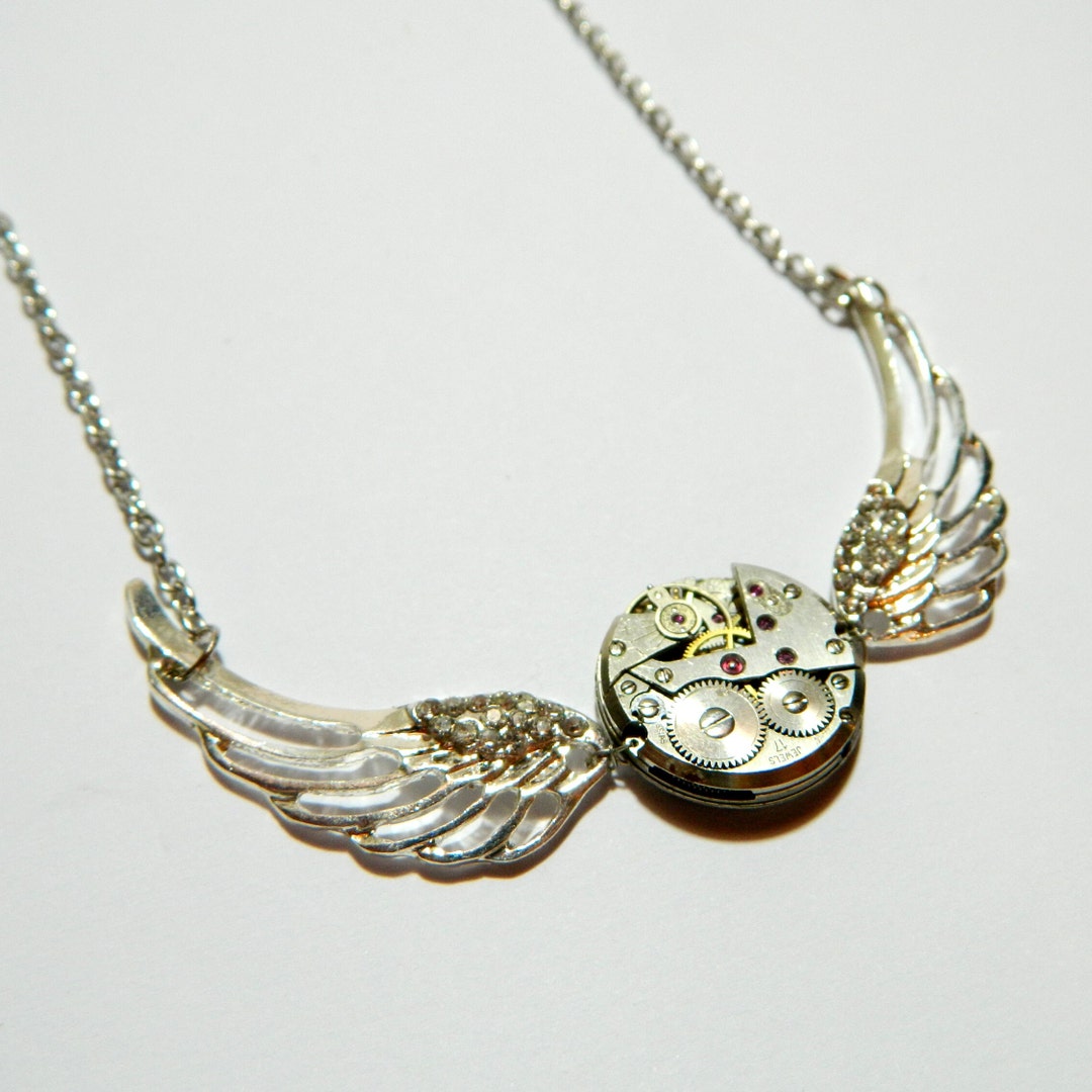 Steampunk Jewelry the Fleeting Time, Silver Angel Wings, Old Clockwork, Christmas Birthday Gift ...
