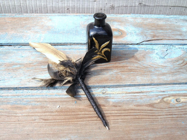 Wedding Gothic Splendor Gold Black Feather Quill Pen & Ink | Etsy