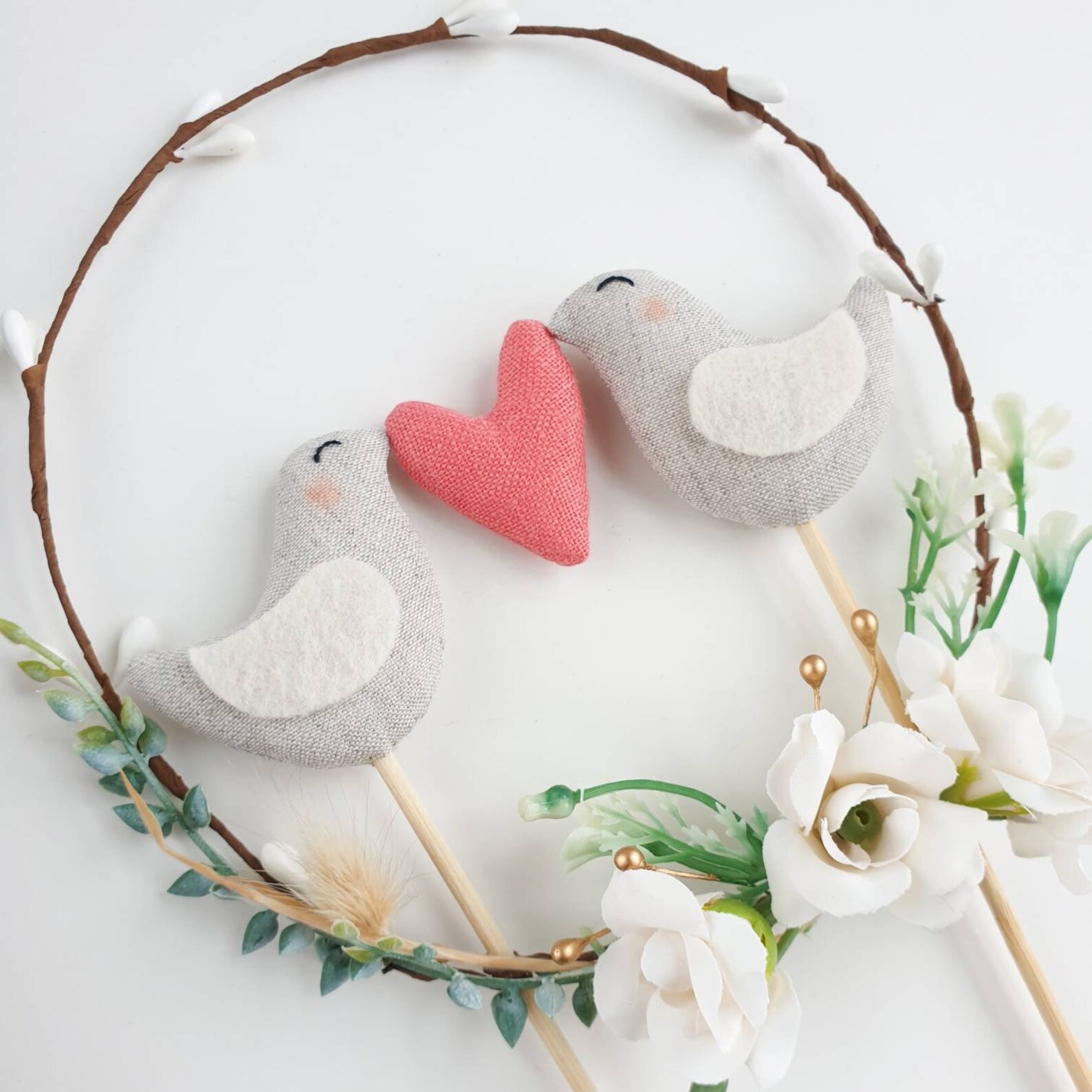 Fabric Love Birds Cake Topper for Wedding Floral Wreath Cake | Etsy