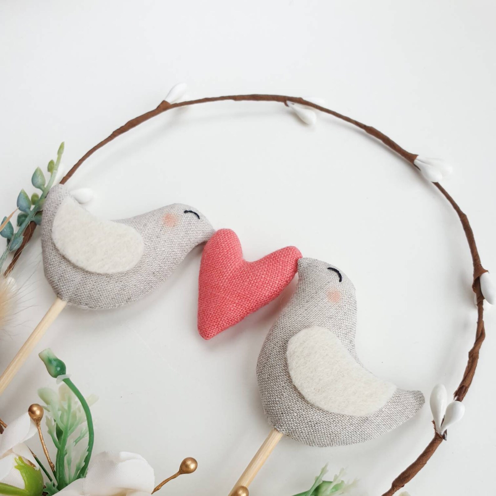 Fabric Love Birds Cake Topper for Wedding Floral Wreath Cake - Etsy