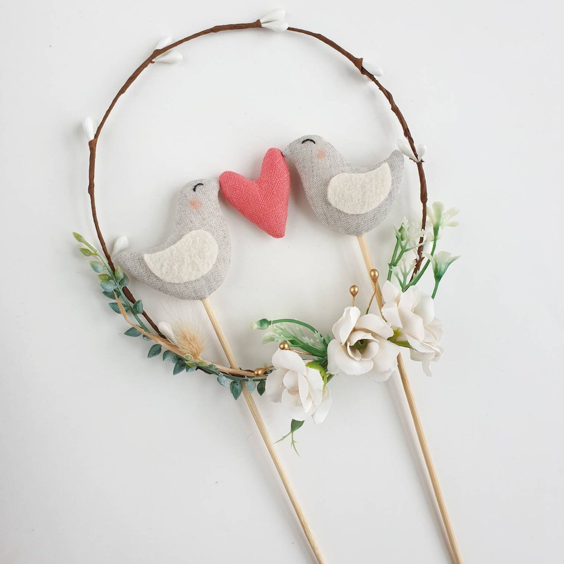 Fabric Love Birds Cake Topper for Wedding Floral Wreath Cake | Etsy