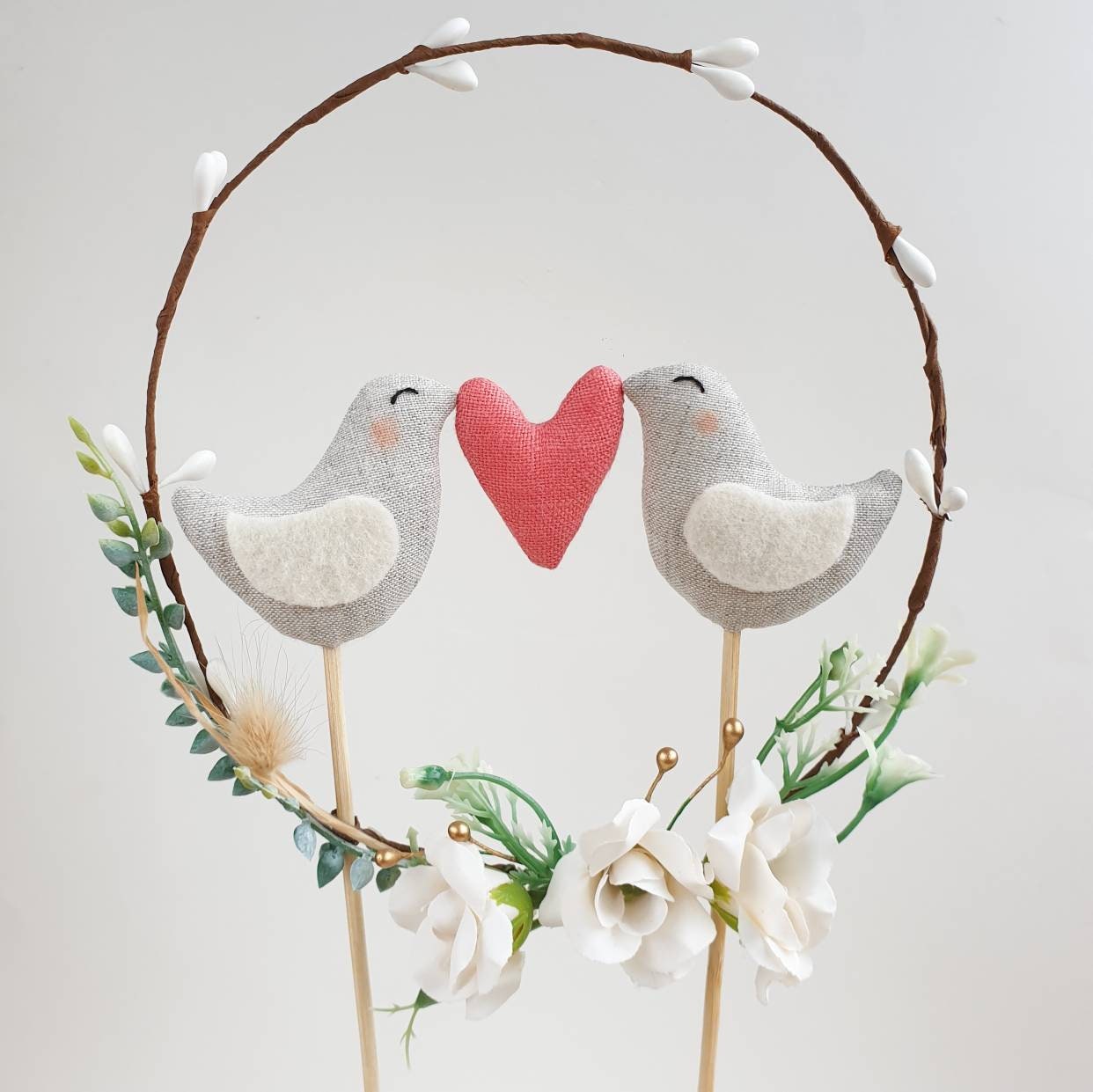 Fabric Love Birds Cake Topper for Wedding Floral Wreath Cake | Etsy