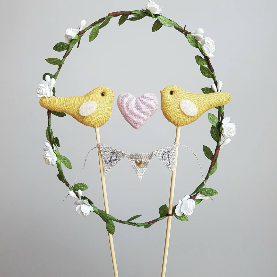 Cute Love Birds Cake Topper With Pink Heart Citrus Yellow - Etsy