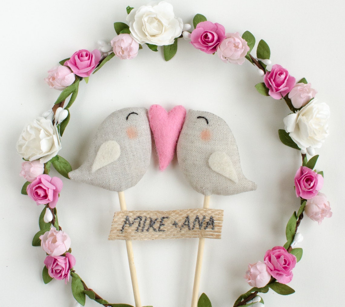 Personalised Birds Wedding Cake Topper Love Birds With Pink | Etsy