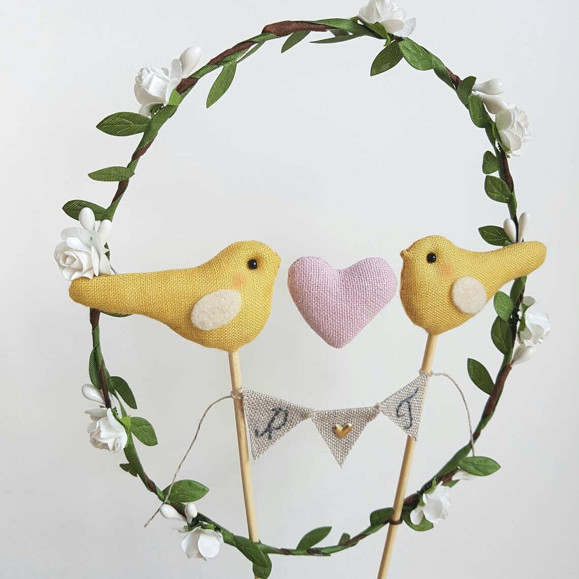Cute Love Birds Cake Topper With Pink Heart Citrus Yellow - Etsy