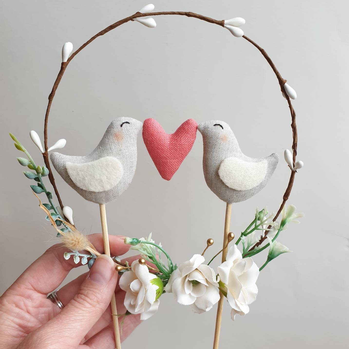 Fabric Love Birds Cake Topper for Wedding Floral Wreath Cake | Etsy