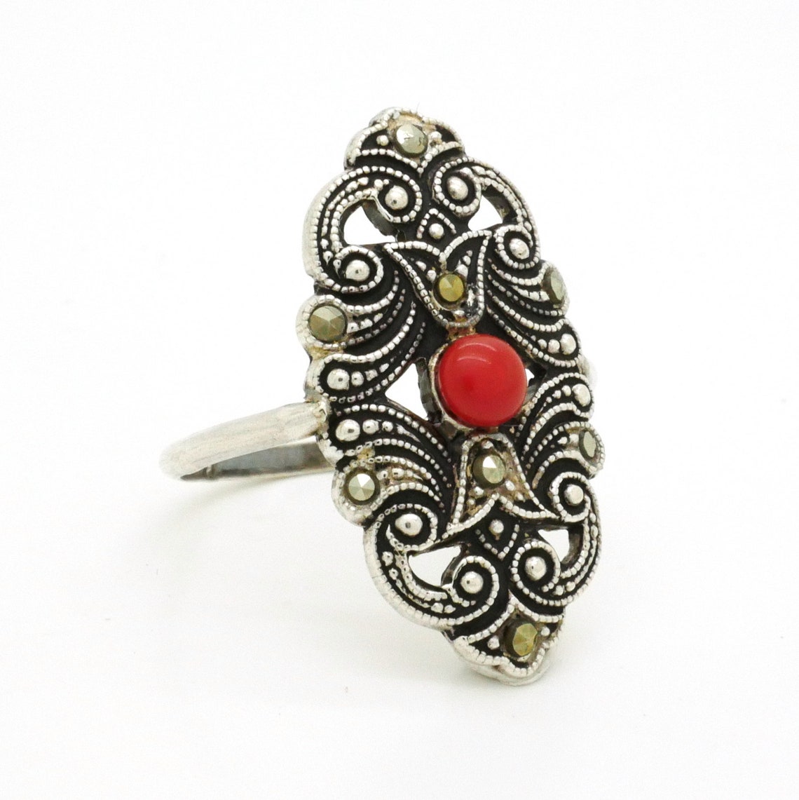 Antique Marcasite Ring Natural Red Coral & 830 Silver Ring - Etsy