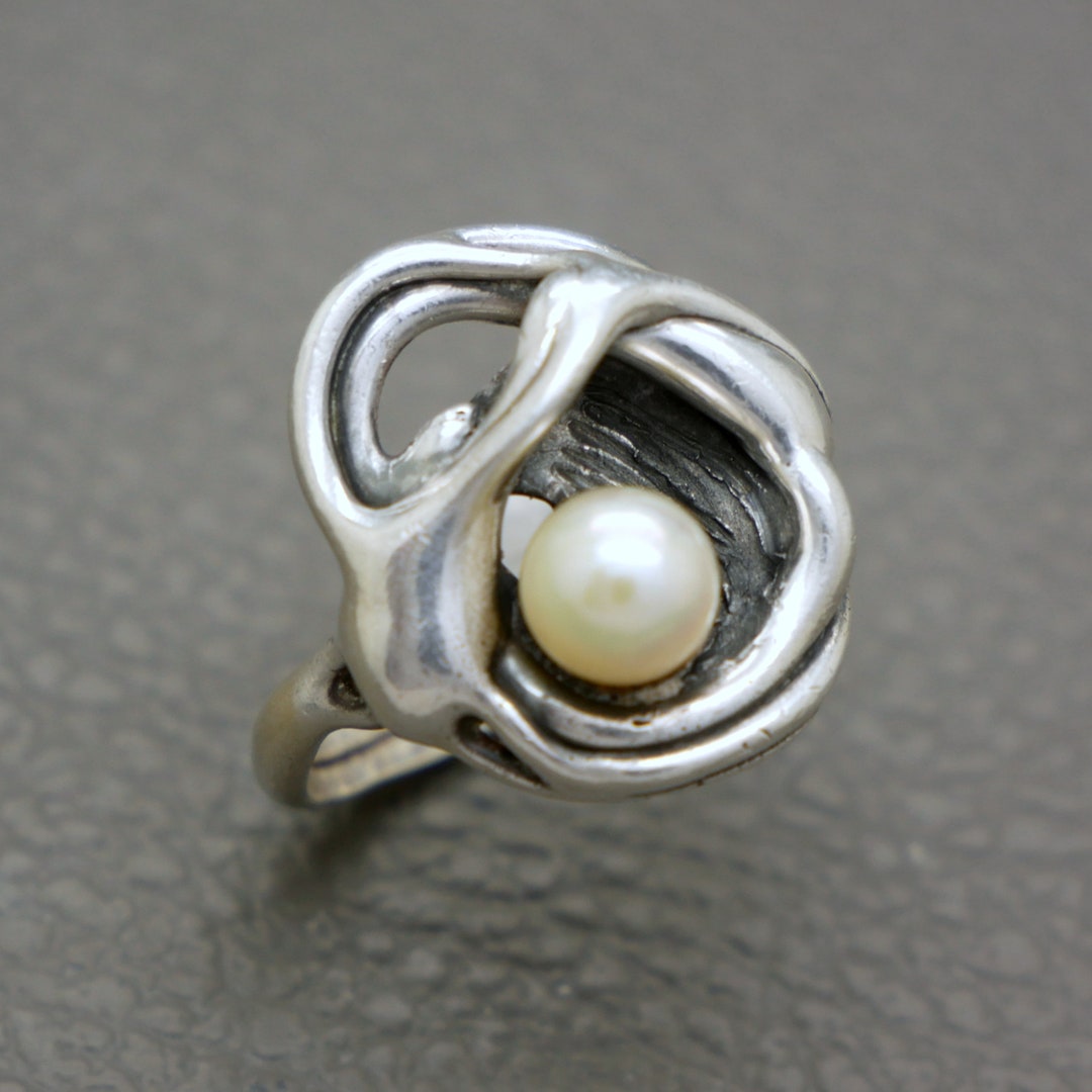 Unique Modernist Design Ring, Sterling Silver & Natural Cultured Pearl ...
