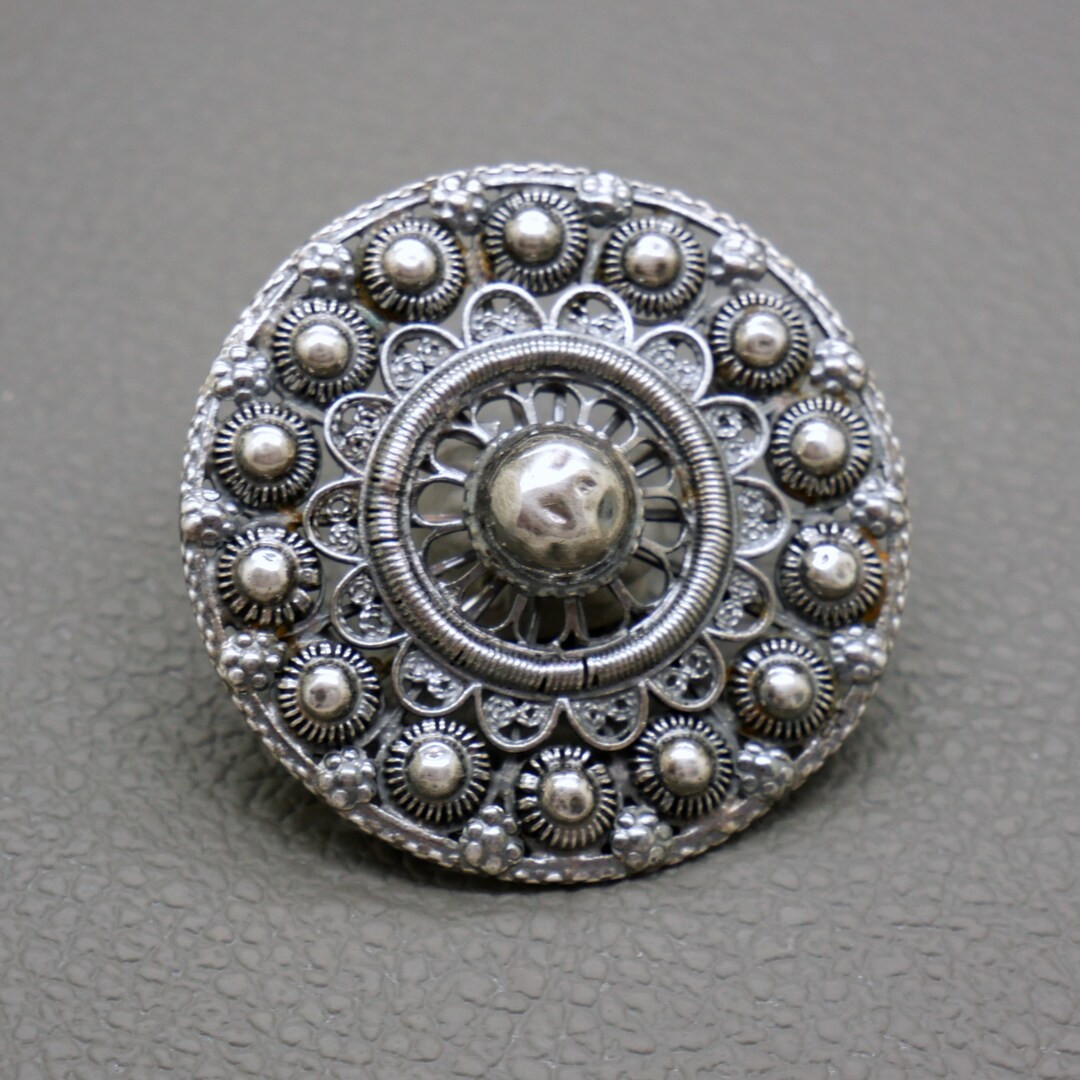 Large Dutch Button Brooch D4.5cm, Handcrafted 835 Silver Filigree Pin ...