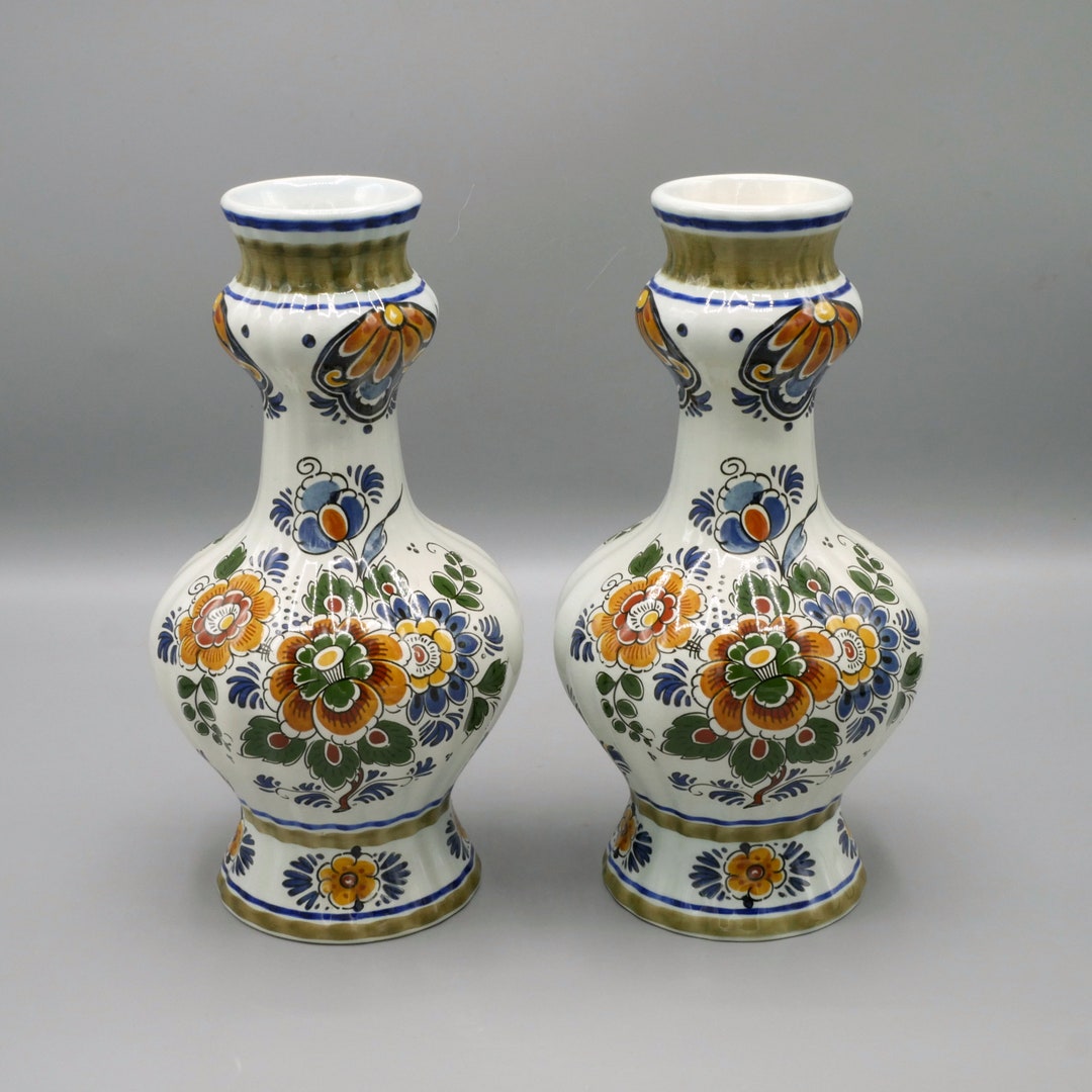 Pair of Delft Polychrome Lump Vases H22cm, Hand Painted Vintage ...