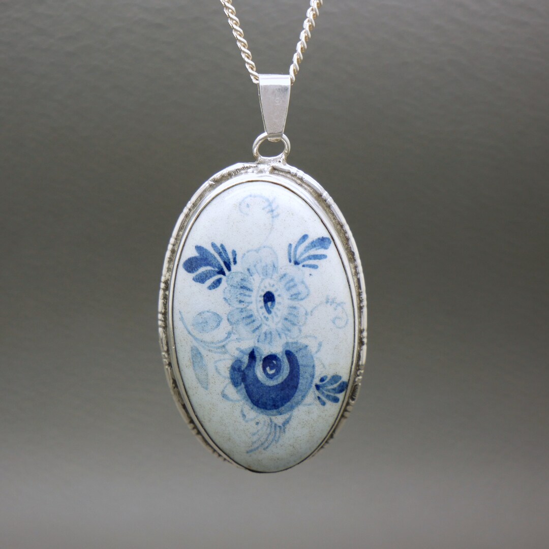 Antique Delft Blue & 835 Silver Oval Pendant With Handpainted Flower ...