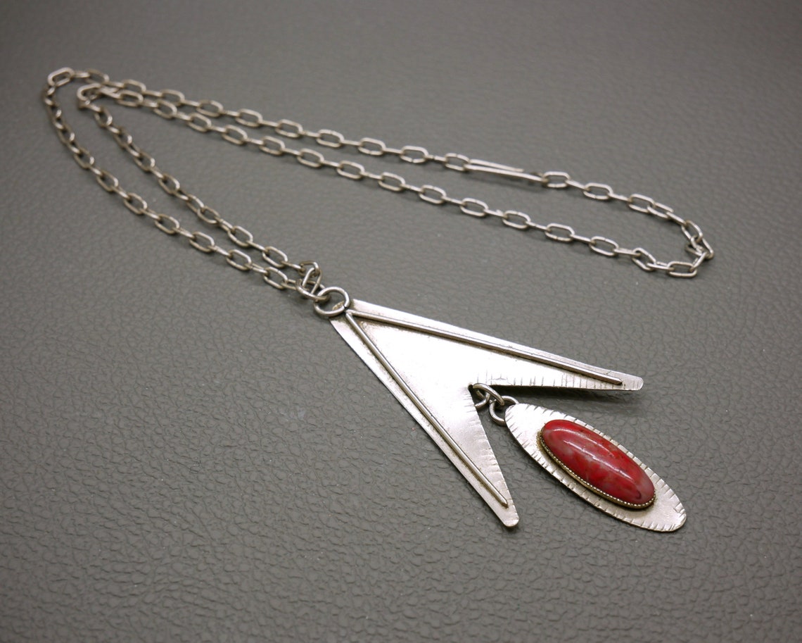 Art Deco Design Pendant and Chain Necklace L50cm Steel & Red - Etsy