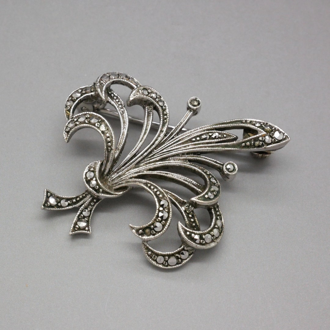 Antique Marcasite Pin, Hallmarked Silver Brooch, Leaf Flower Bouquet ...