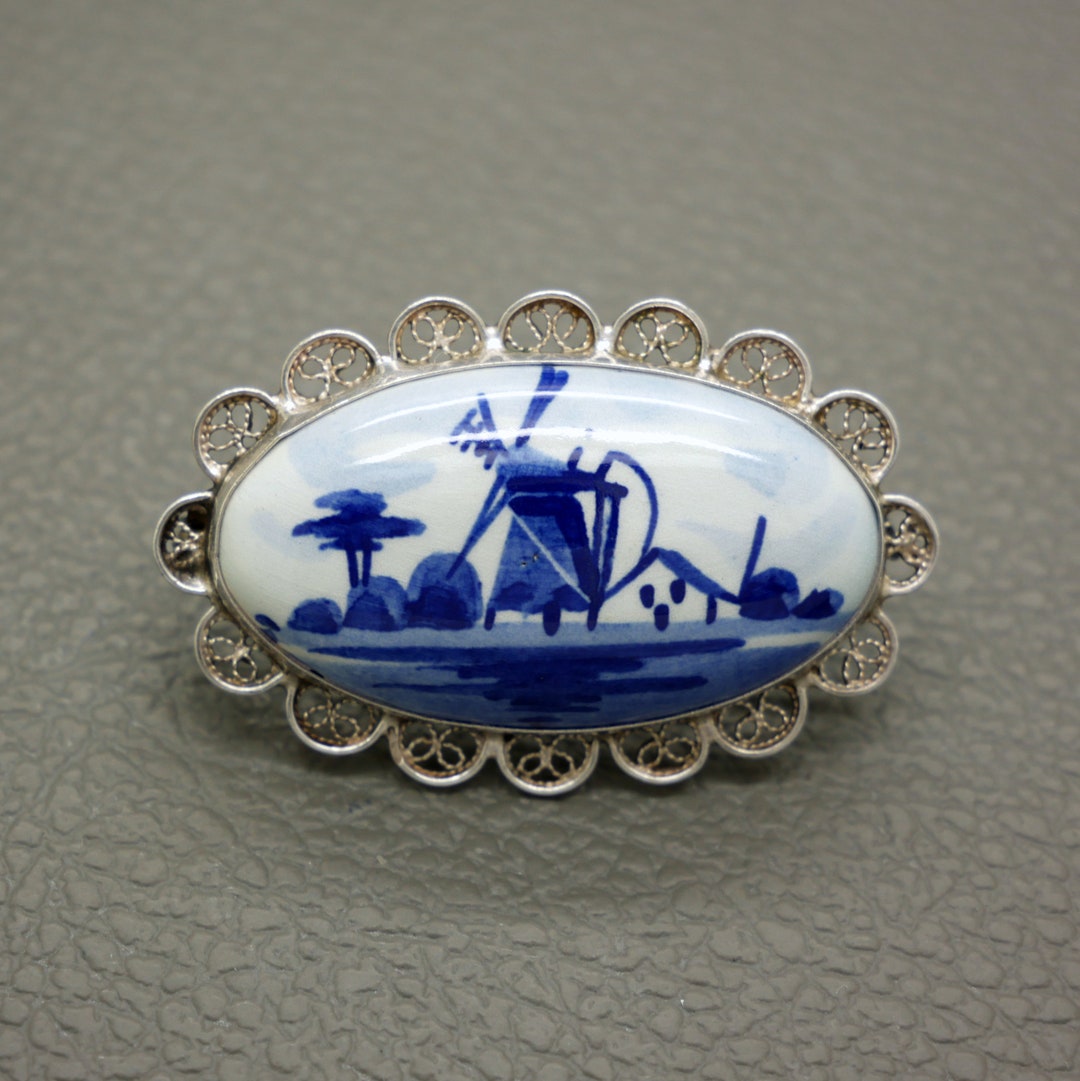 Delft Blue & 835 Silver Filigree Brooch, Handpainted Delftware Dutch ...