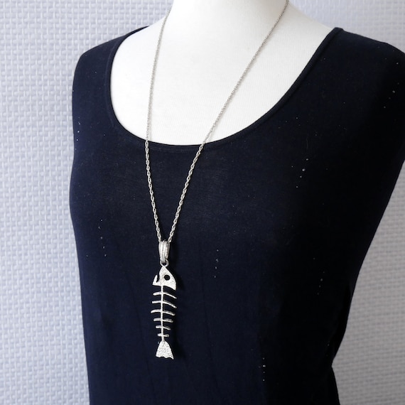 Large Vintage Fish Bone Skeleton Pendant & 28" Chain,… - Gem