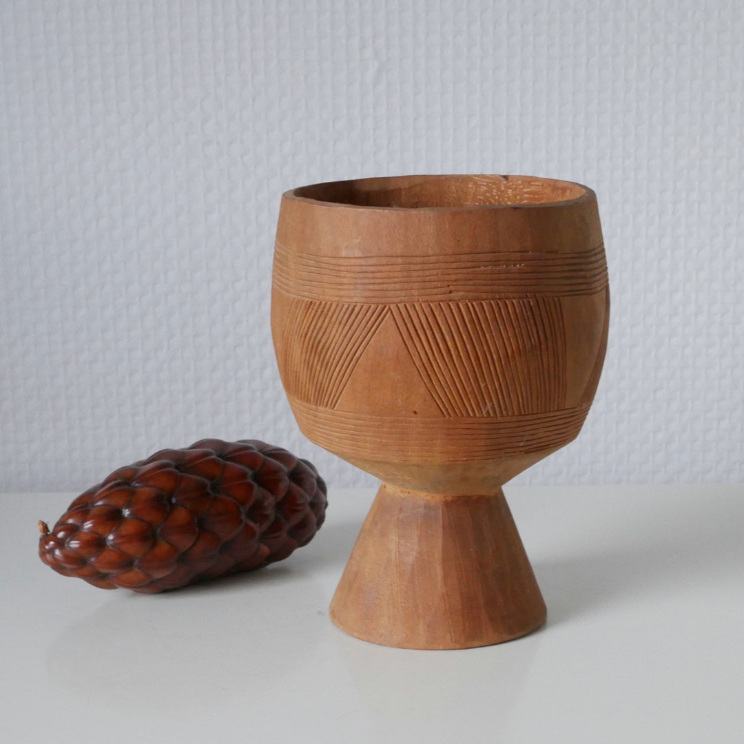 Antique Wooden Goblet Vase H15cm, Scandinavian Hand Carved Wood, Rustic ...
