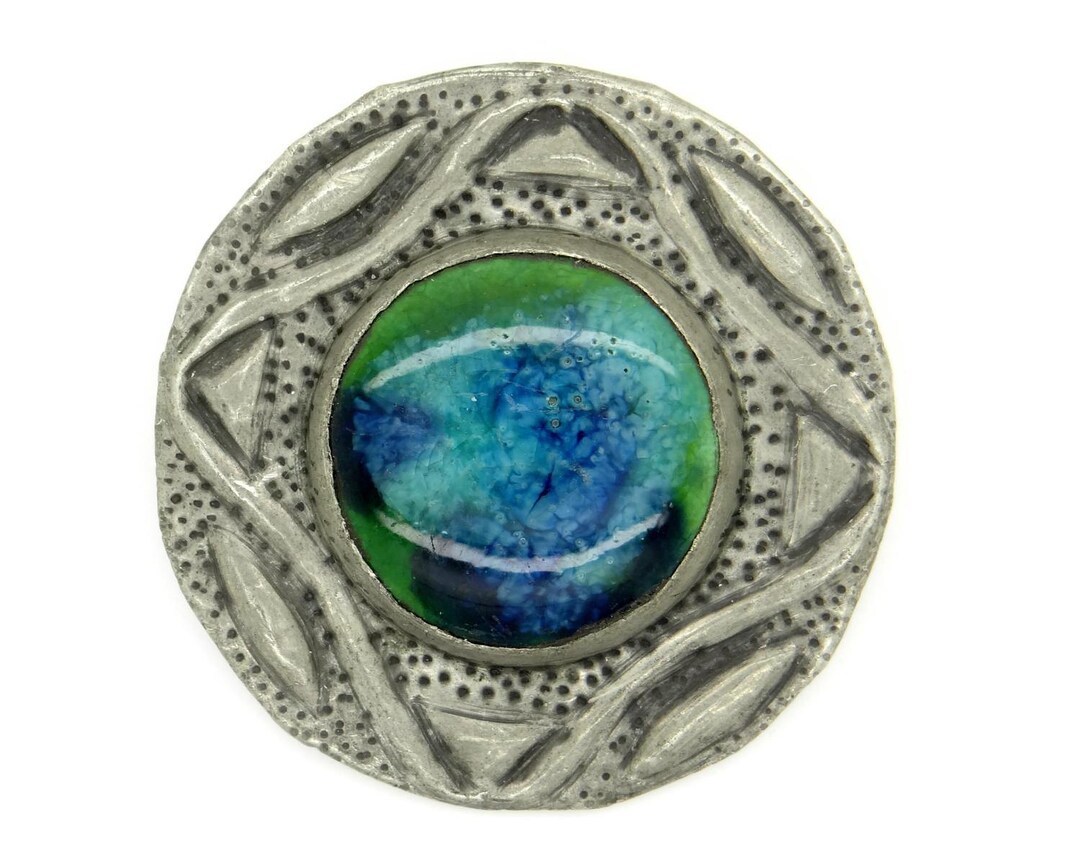 Amsterdam School Brooch, Hammered Pewter Brooch With Green Blue Ceramic ...