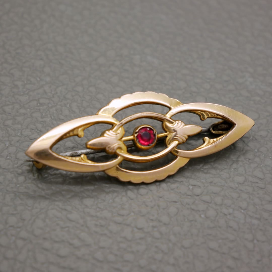 Antique Gold Tone Brooch With Ruby Red Crystal, 1900's Edwardian Jewelry, Small Costume Brooch ...