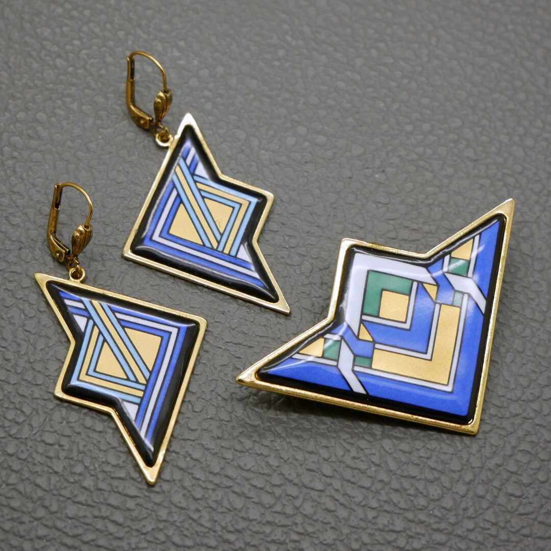 Michaela Frey Enamel Brooch & Earrings - Gold Plated Jewelry Set ...