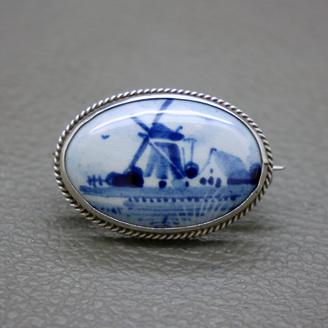 Vintage Delft Blue & 835 Silver Filigree Brooch - 1950s Dutch Heritage ...