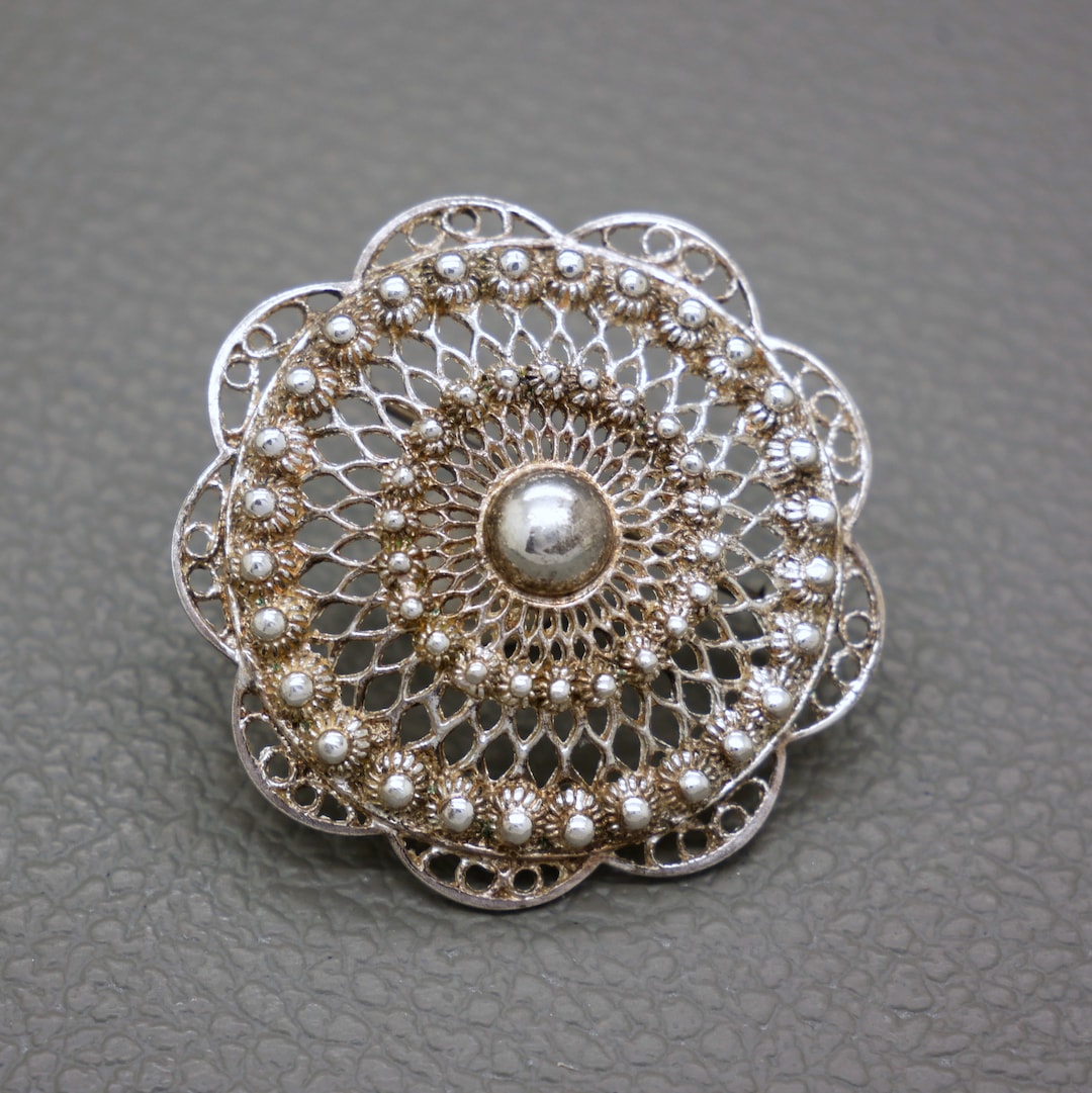 Vintage Dutch Button 835 Silver Filigree Brooch D3.9cm, Traditional ...