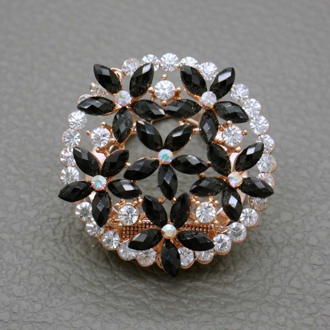 Vintage Scarf Ring Clip, Rose Gold Metal, Black and Clear Crystals With ...