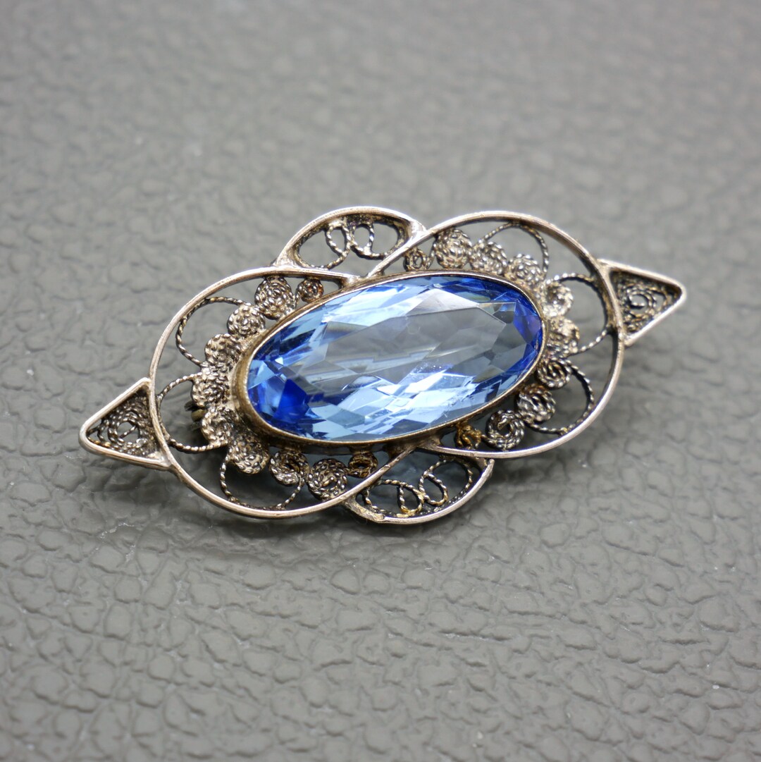 Vintage 800 Silver Brooch With Large Sapphire Blue Crystal, Hand ...