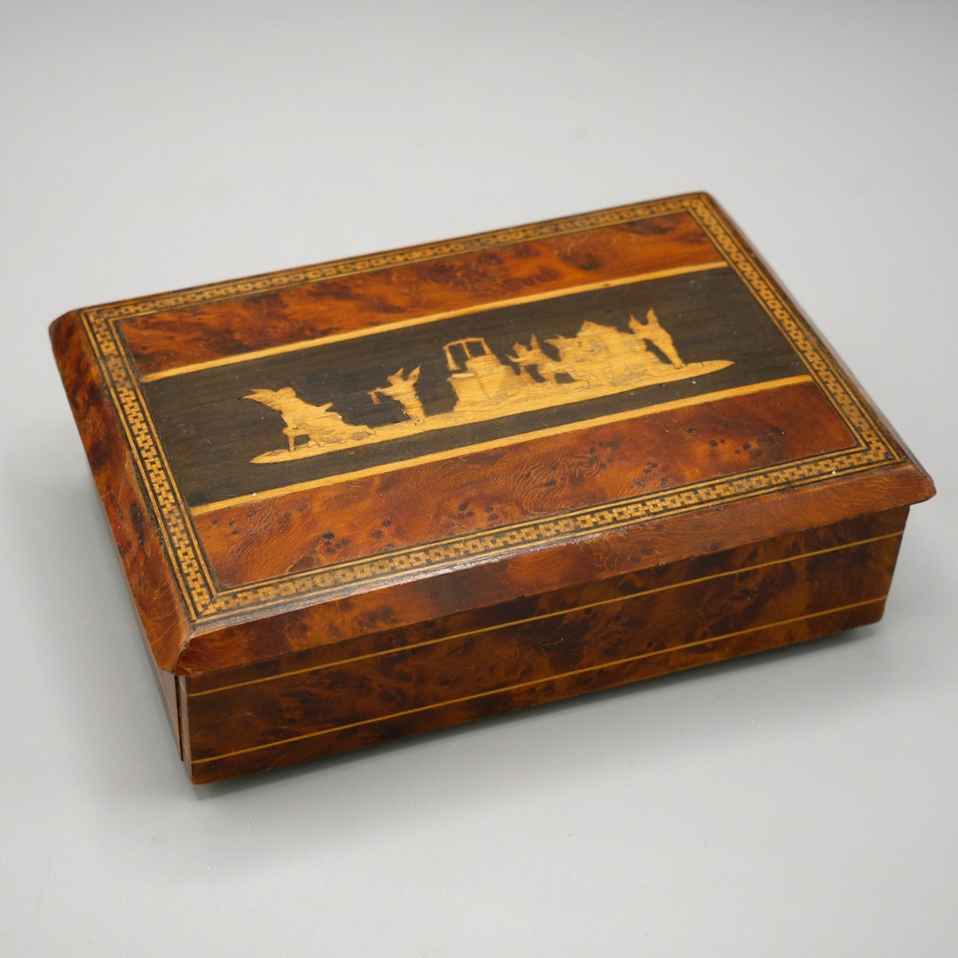 Vintage Treen Walnut Wood Box With Marquetry Inlay Figural Scene ...