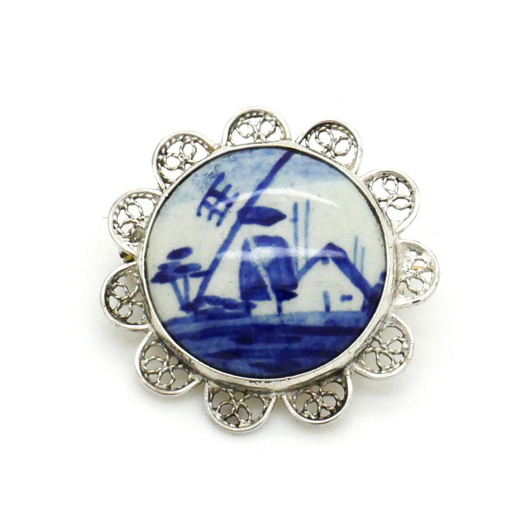 Delft Blue & 835 Silver Brooch, Mid Century Silver Filigree Pin ...