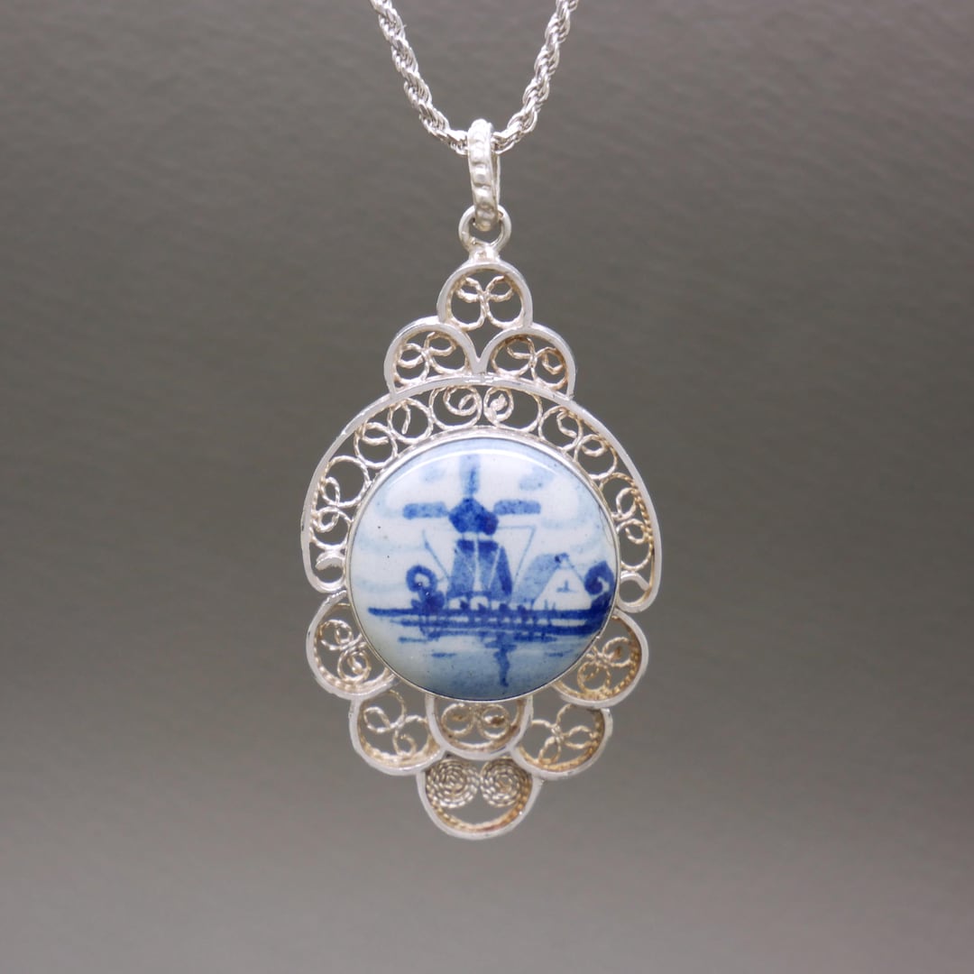 Delft Blue Sterling Silver Pendant - Hand-painted Delftware, Vintage ...