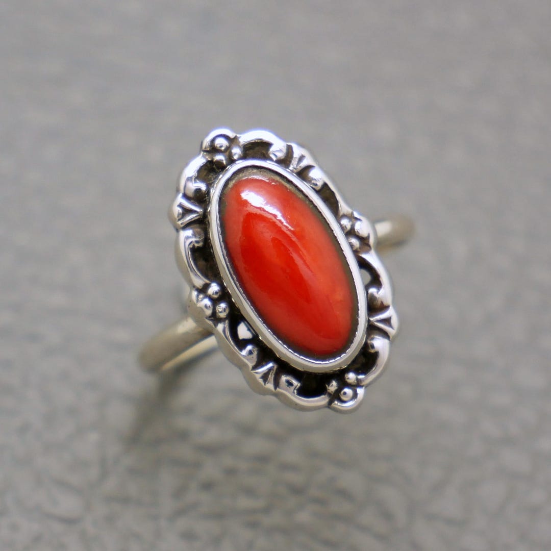 Genuine Red Coral & 835 Silver Ring Size 5.50 - 1950s Mid Century ...