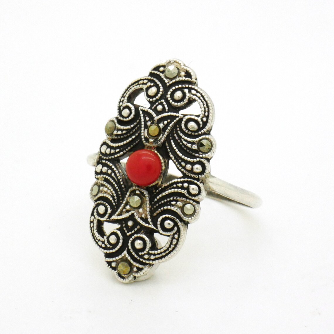 Antique Marcasite Ring Natural Red Coral & 830 Silver Ring | Etsy