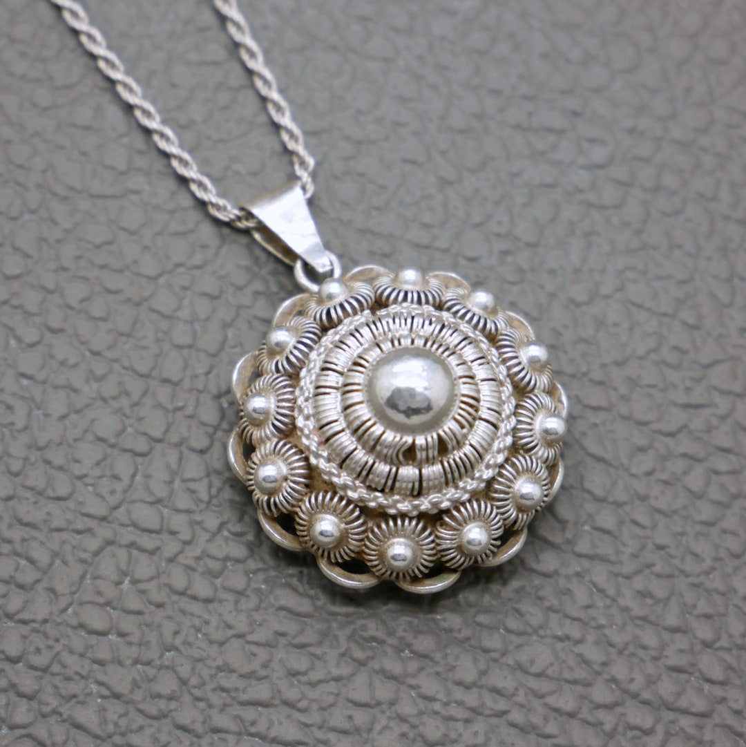 Vintage Dutch Button Sterling Silver Filigree Pendant D2.3cm With ...