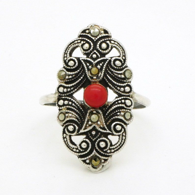 Antique Marcasite Ring Natural Red Coral & 830 Silver Ring - Etsy
