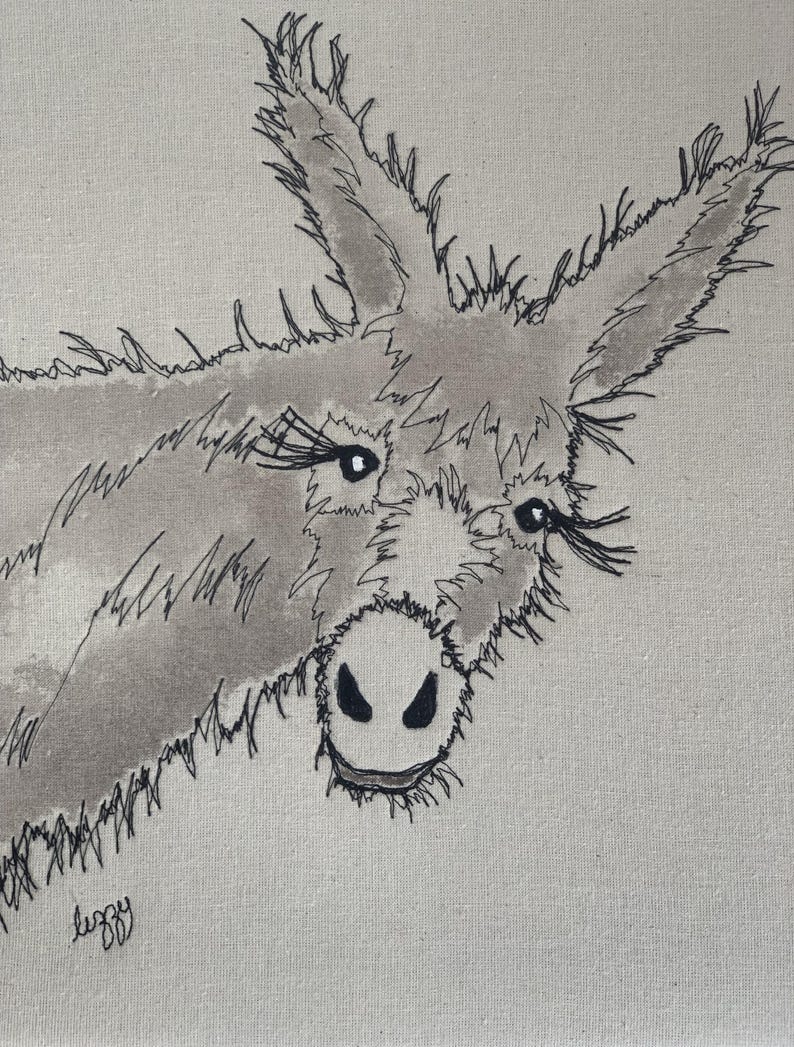 Donkey Artwork in Watercolour and Machine Stitch Onto Fabric. Mounted ...