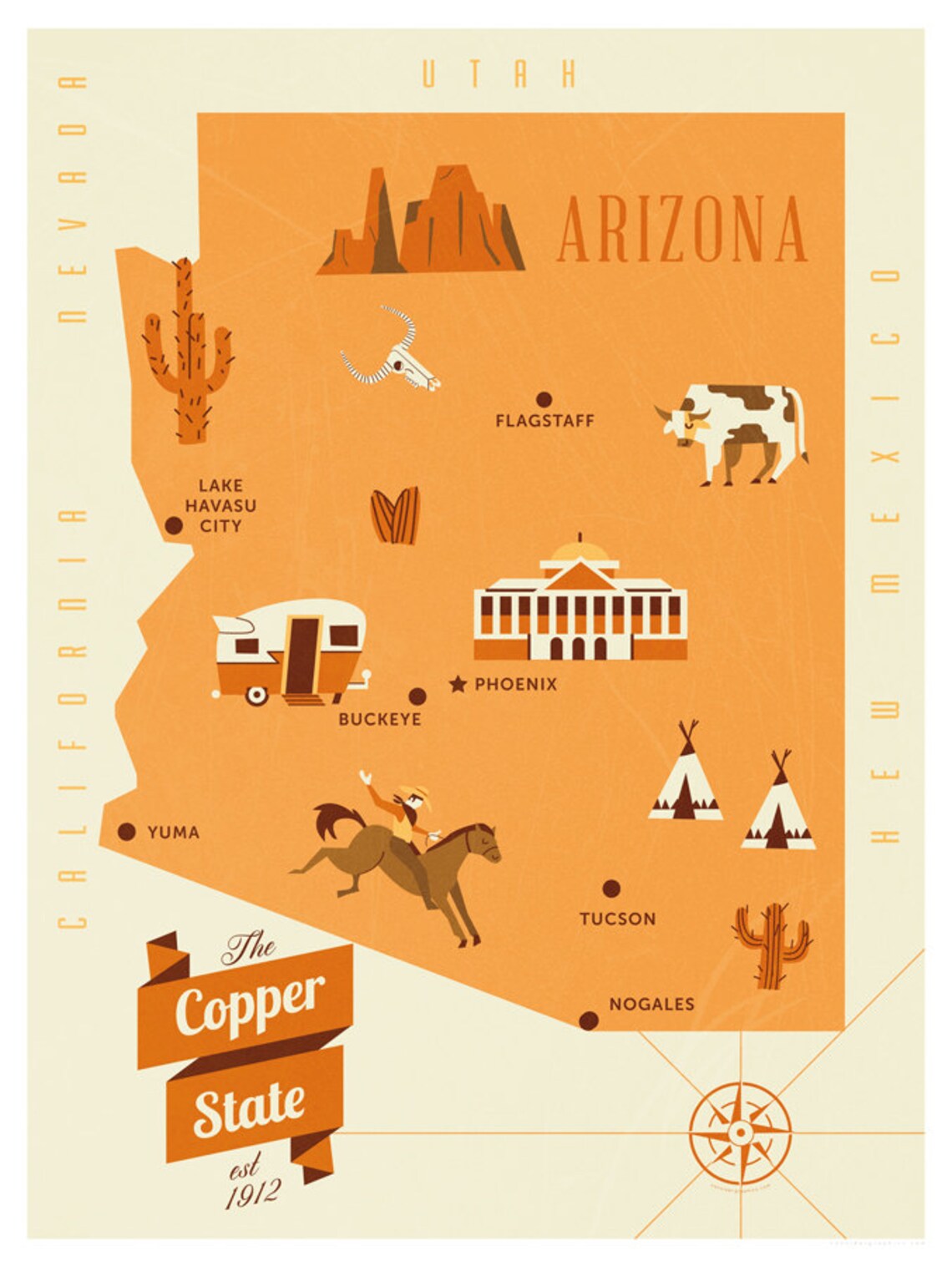 Arizona Map the Copper State Map Original Illustrated Map - Etsy
