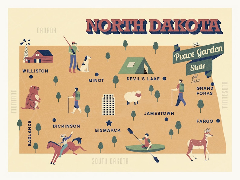 North Dakota Map the Peace Garden State Map Original Map | Etsy