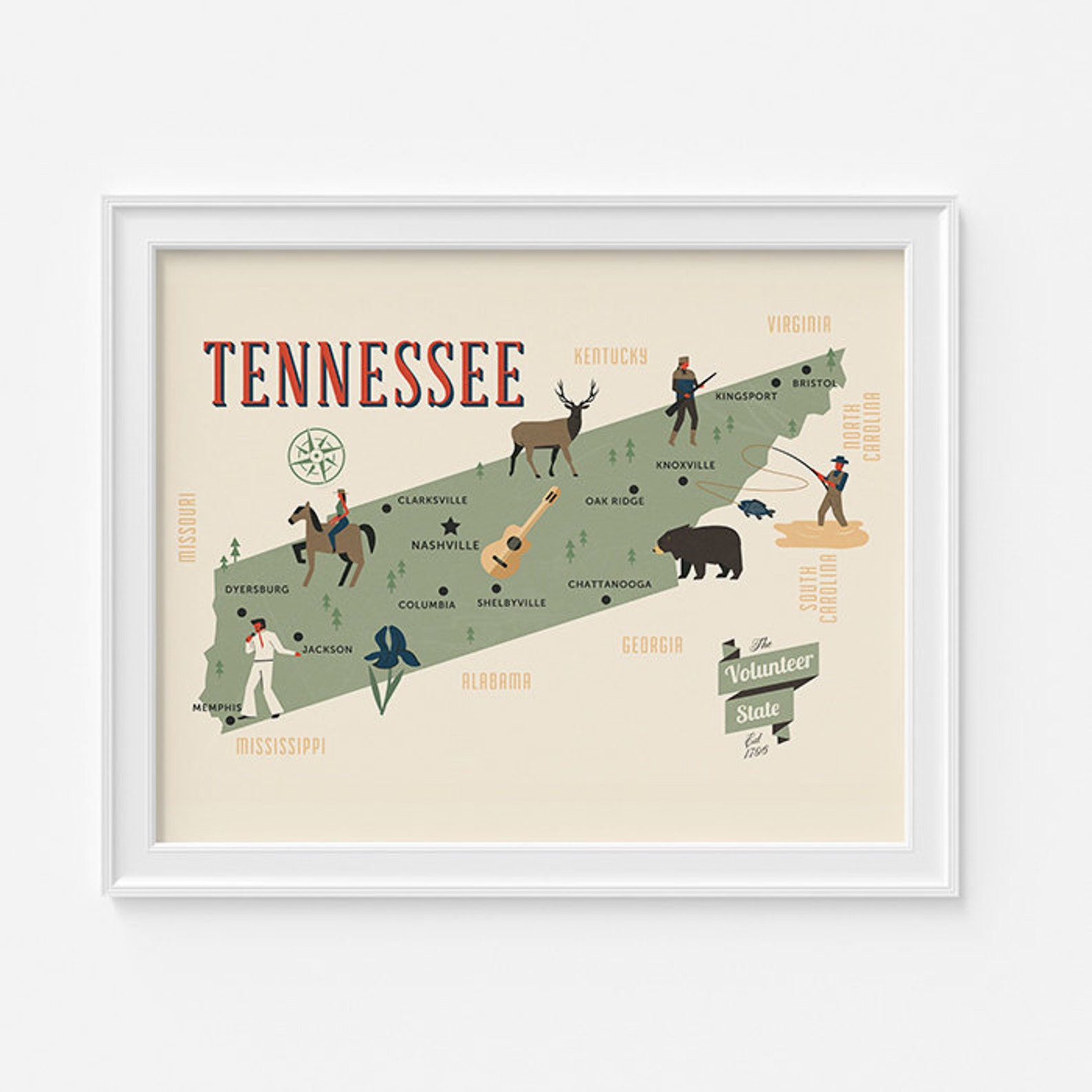 Tennessee Map the Volunteer State Map Original Map Nursery | Etsy
