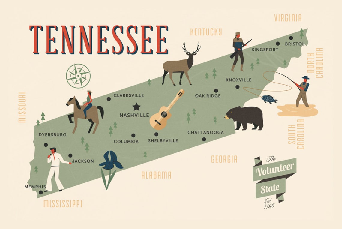 Tennessee Map the Volunteer State Map Original Map Nursery | Etsy
