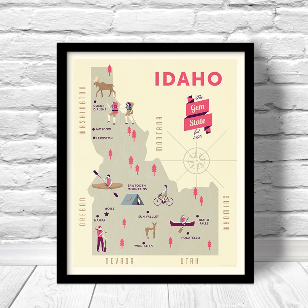 Idaho Map, the Gem State Map, Original Illustrated Map, Nursery Map ...