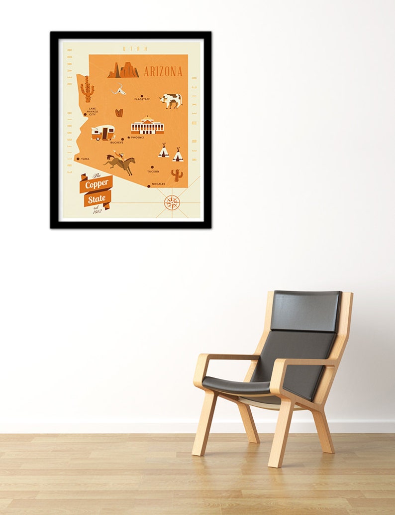 Arizona Map, the Copper State Map, Original Illustrated Map, Nursery ...