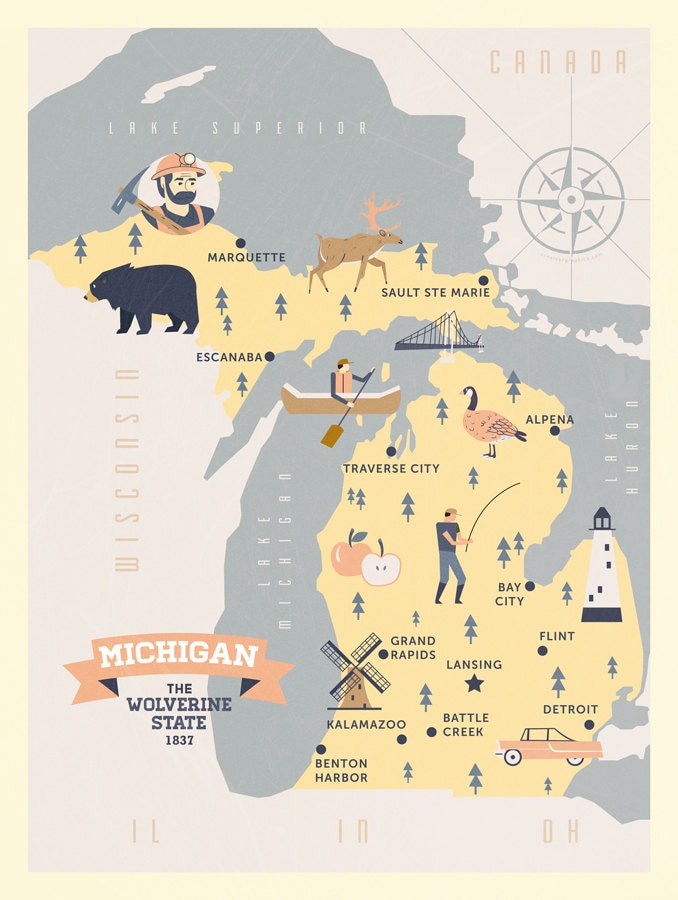 Michigan Map the Wolverine State Map Original Map Nursery - Etsy