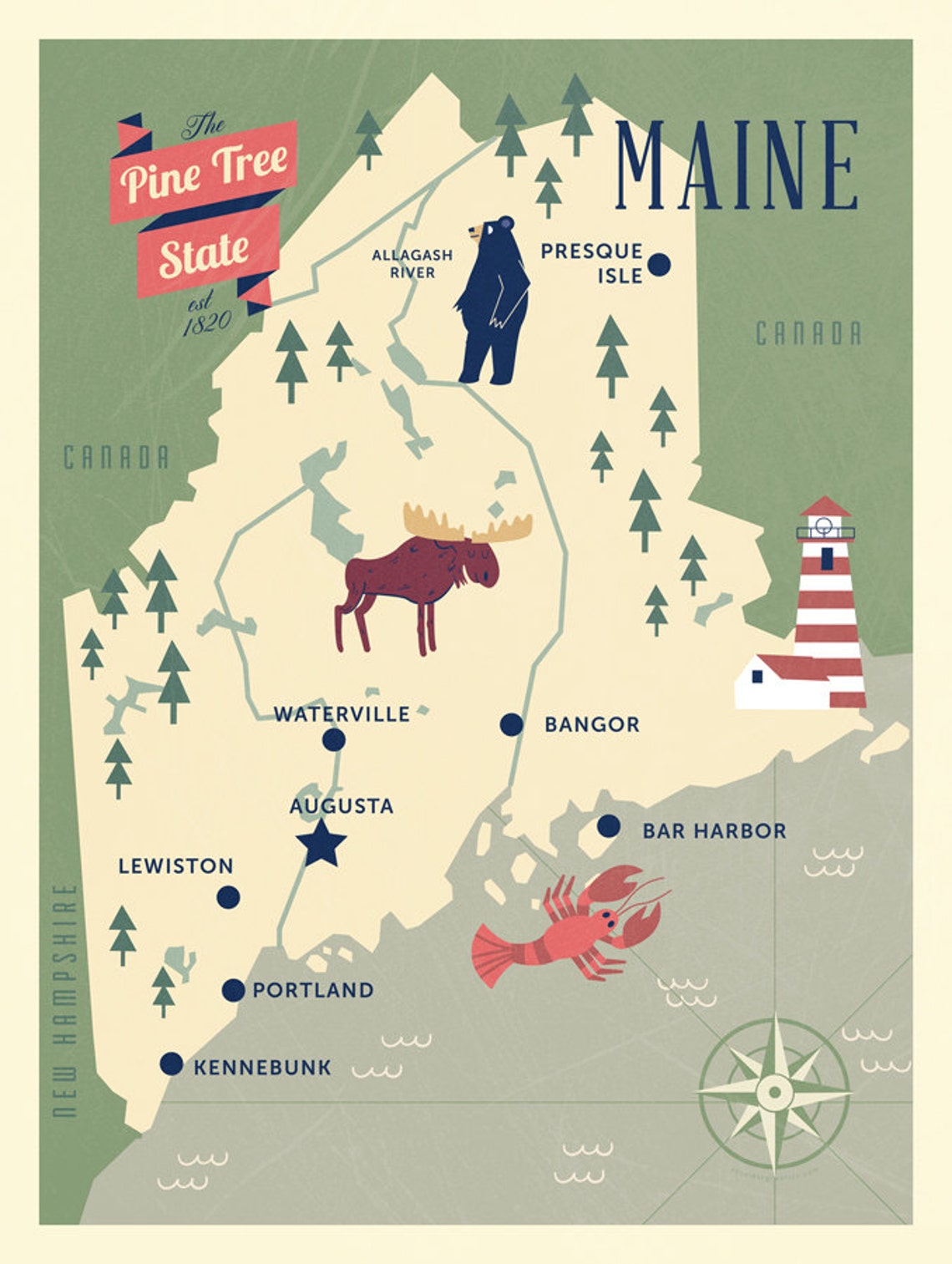 Maine Map, the Pine Tree State Map, Original Maine Map, Nursery Map ...