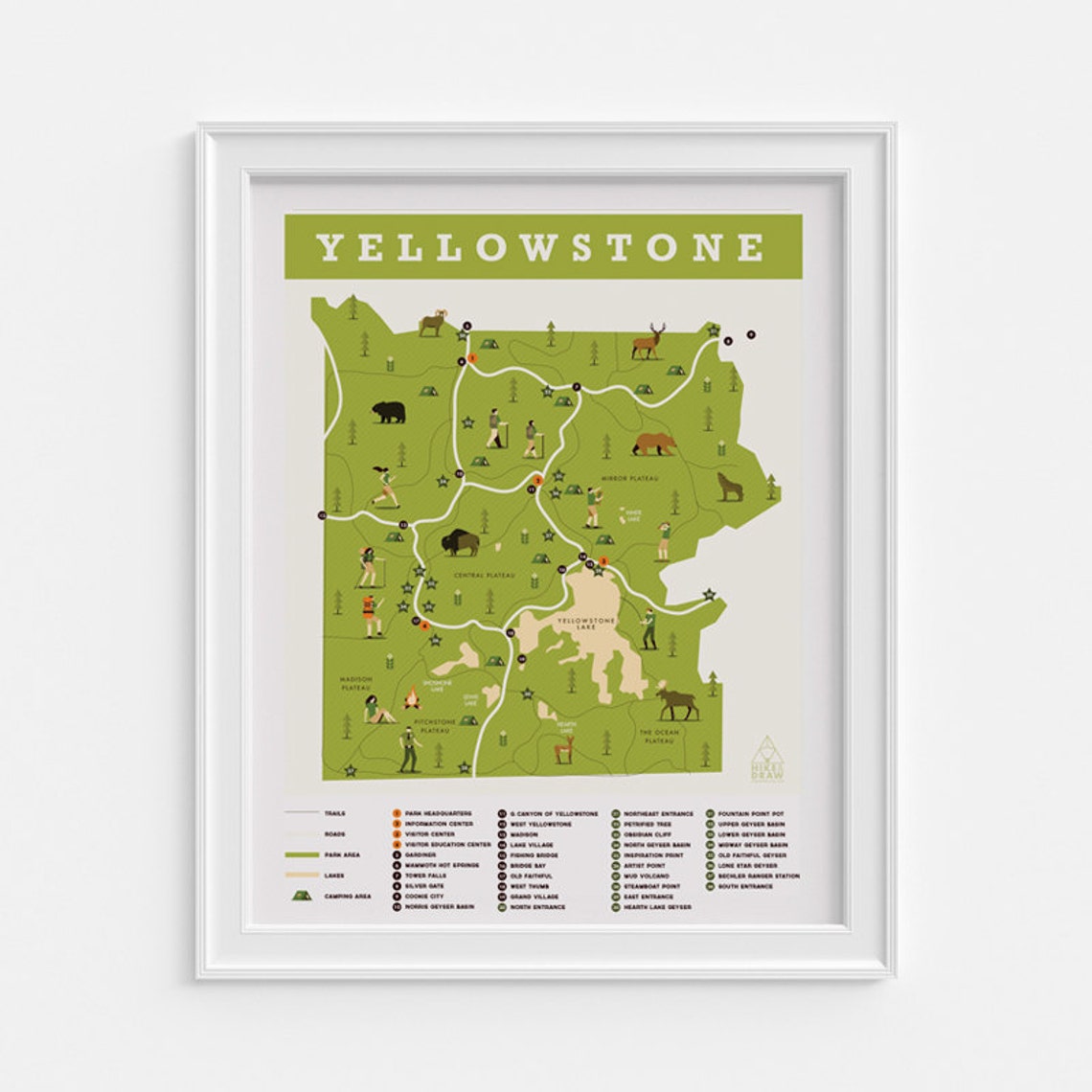 Yellowstone National Park Map, Map Print Outdoors Wall Art Hiking Art ...